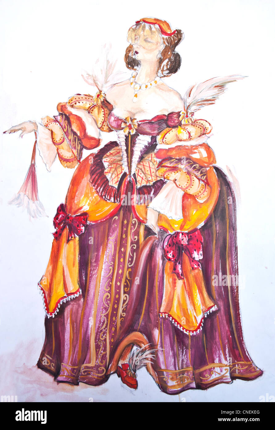 Drawing of beautiful elegant woman in a long red dress Stock Photo - Alamy