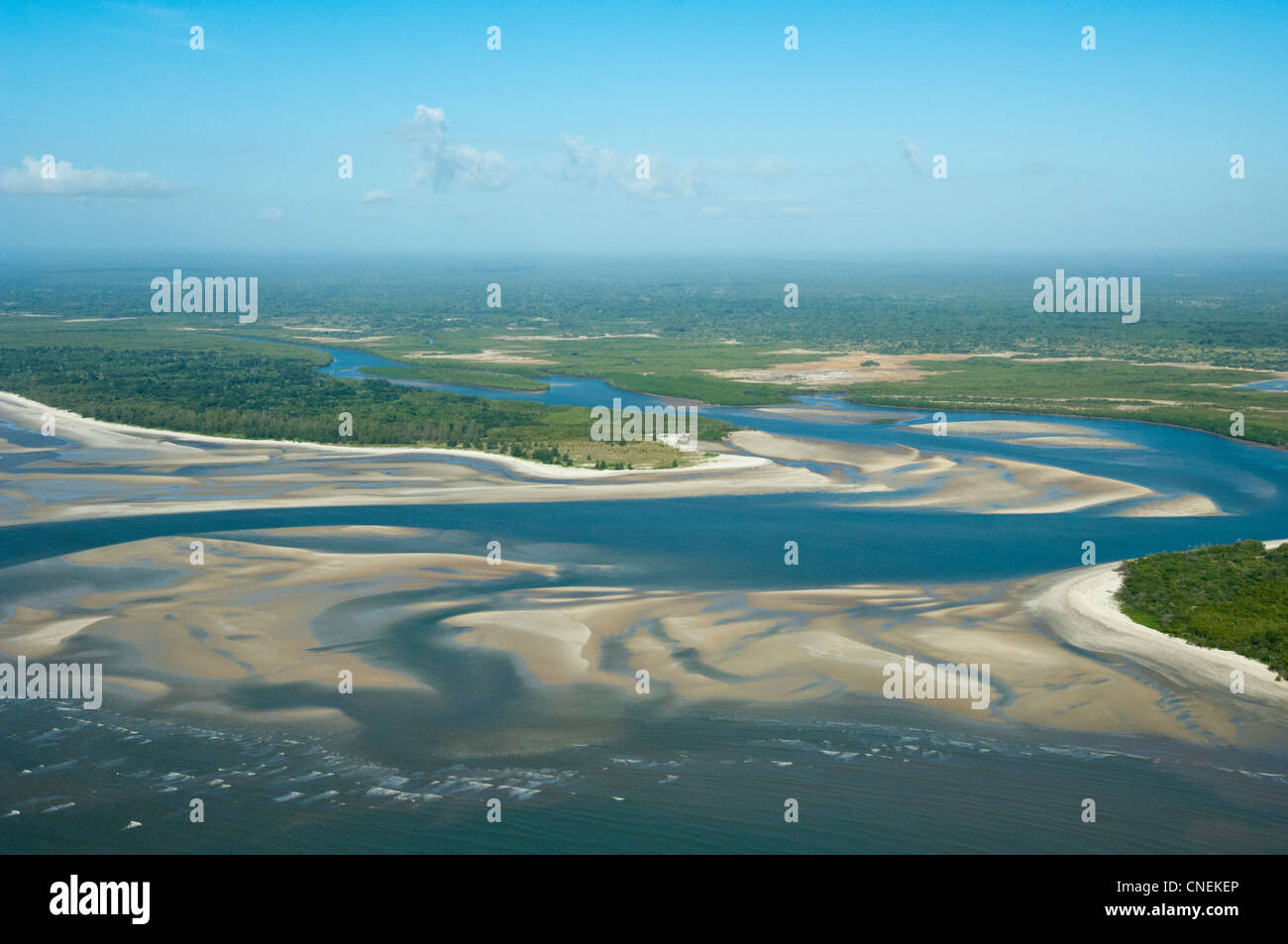 Mouth of a river and sand banks, aerial view, Pwani Region, Tanzania ...