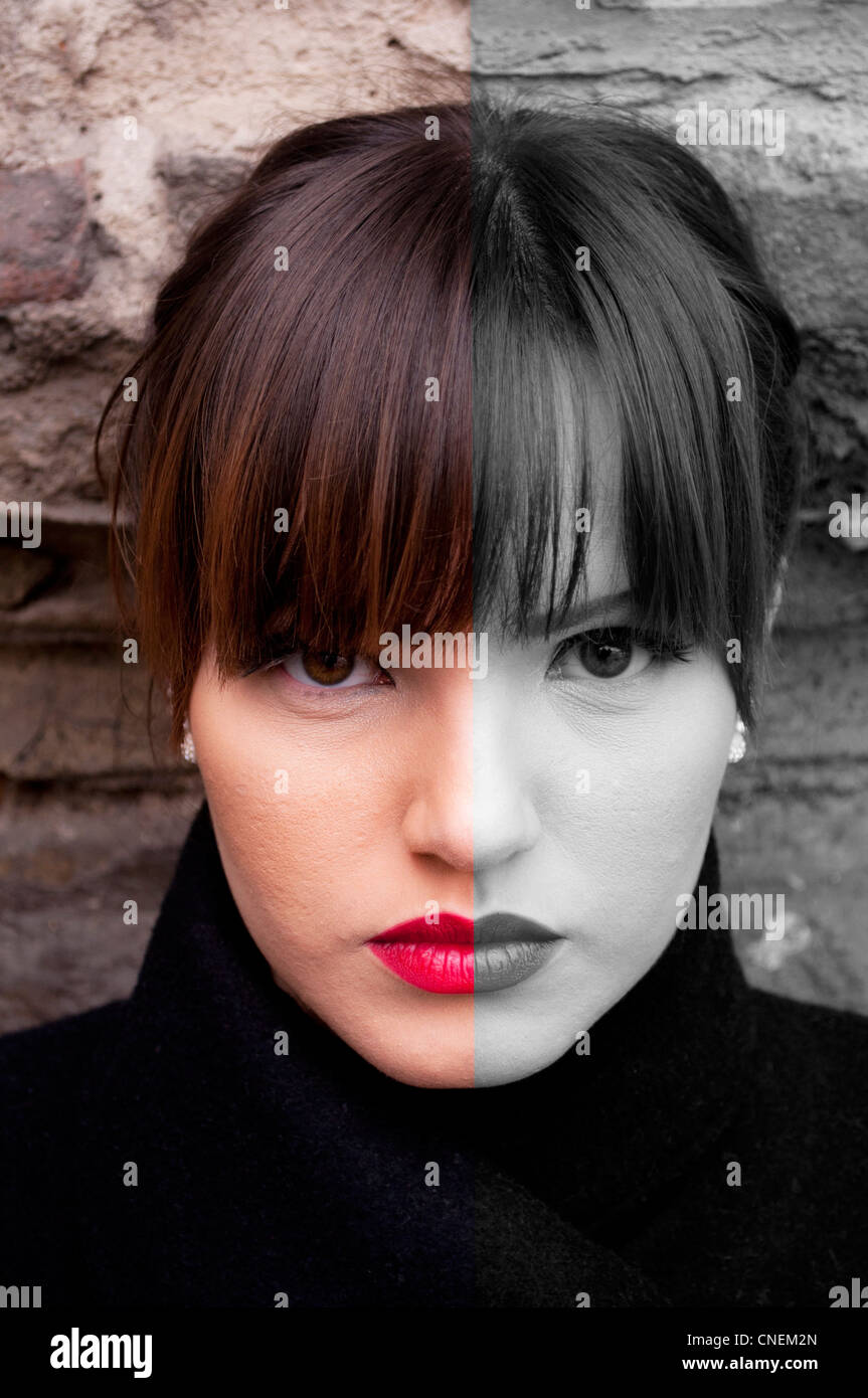 Woman face with half in color - half in black and white Stock Photo - Alamy