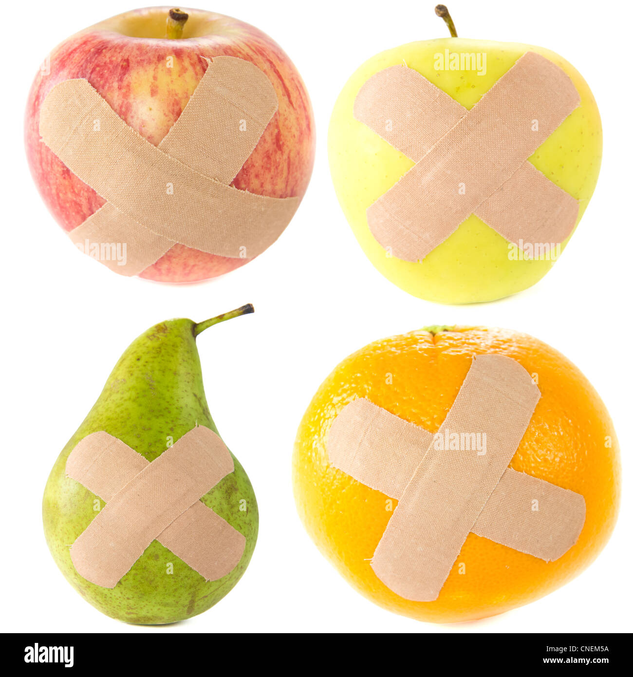 A picture of two apples, a pear, and a orange with bandages..Sick fruit ...