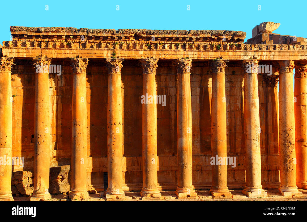 Jupiter's temple ancient Roman columns over blue sky, Baalbek, Lebanon ...