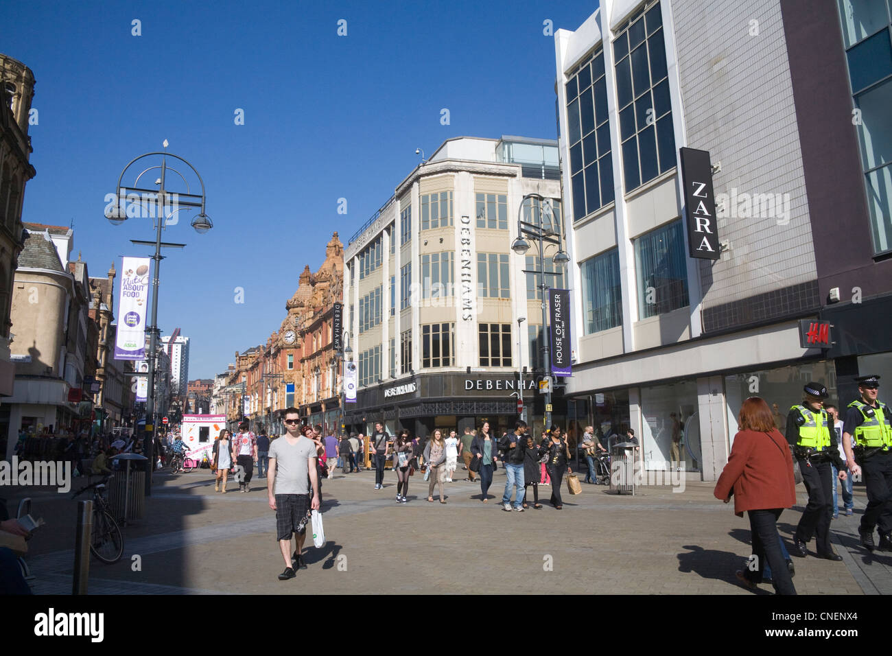 Leeds West Yorkshire England Looking along Briggate a busy city centre ...