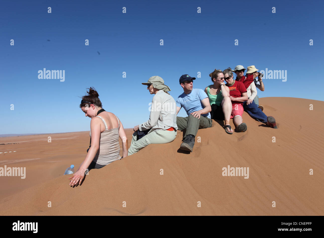 Tourists sitting atop a sand dune in the Sahara desert, southern ...