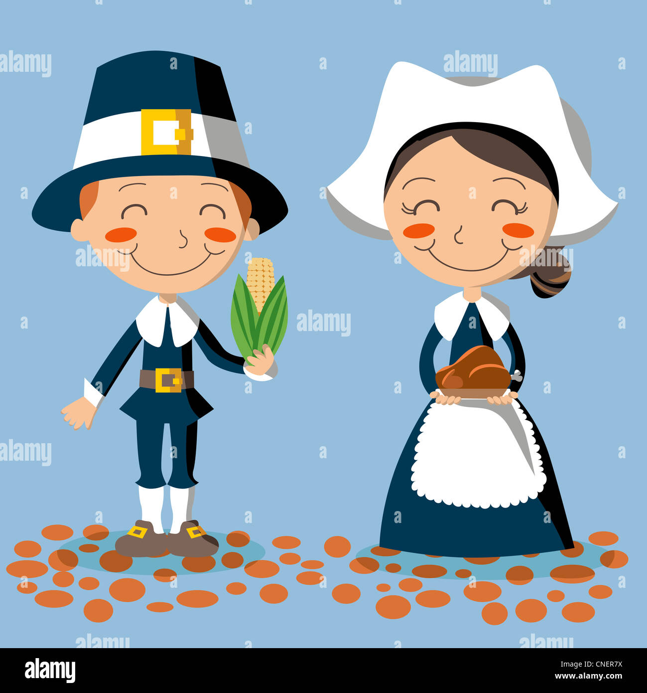 Pilgrim couple holding corn and turkey to celebrate Thanksgiving Day ...