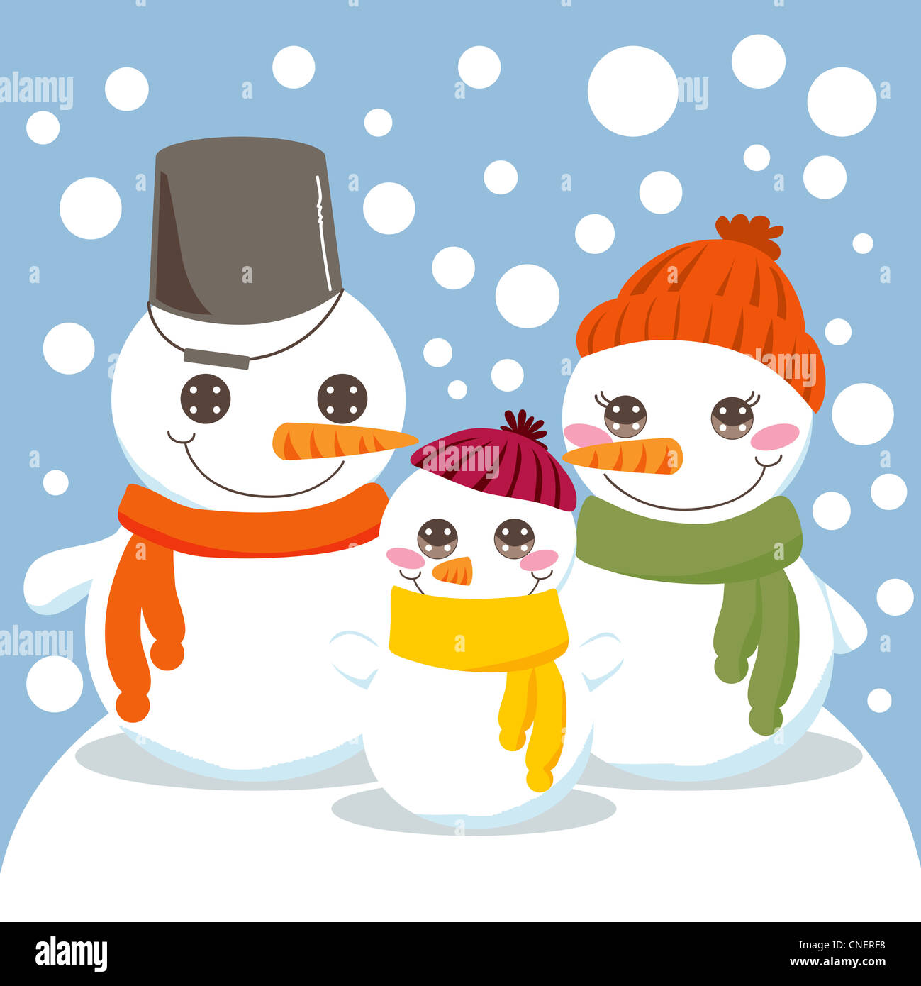 Snowman family smiling outdoors in winter while snow falls Stock Photo ...