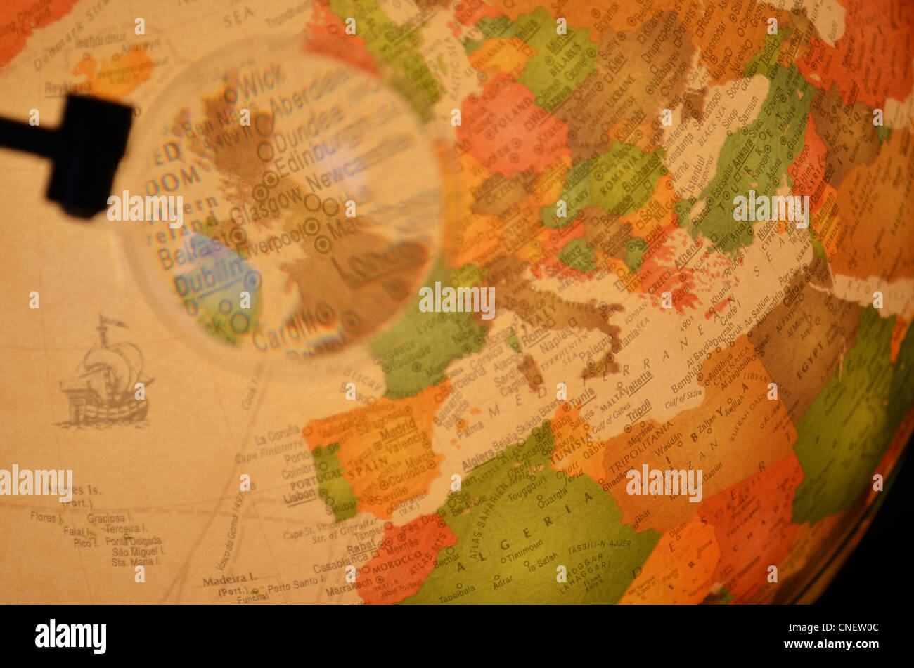 Classic globe with Scotland, Glasgow under the magnifying glass Stock ...