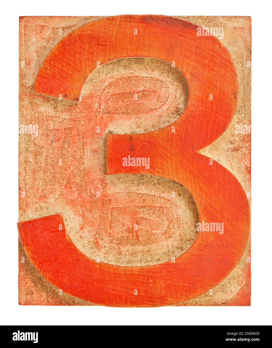 number three - isolated letterpress printing block stained by red ink ...