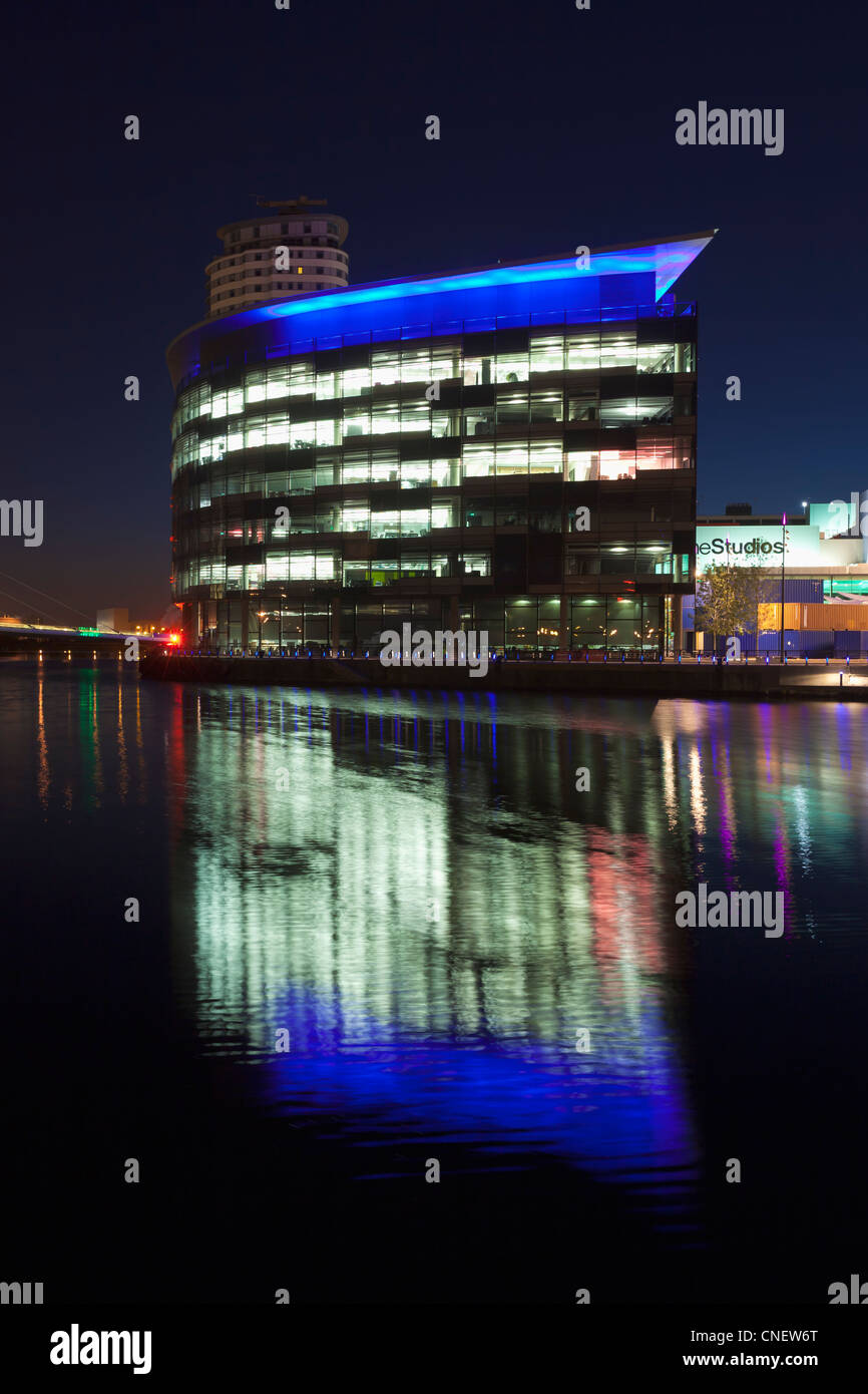 BBC Quay House at Media City UK at night, Salford Quays, Manchester ...