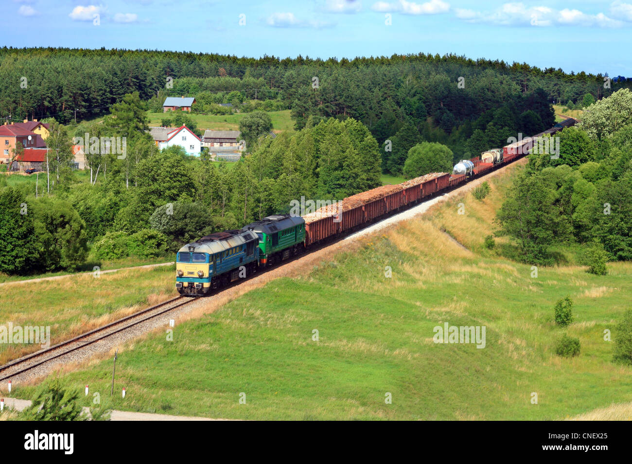 Summer landscape with the freight train Stock Photo - Alamy