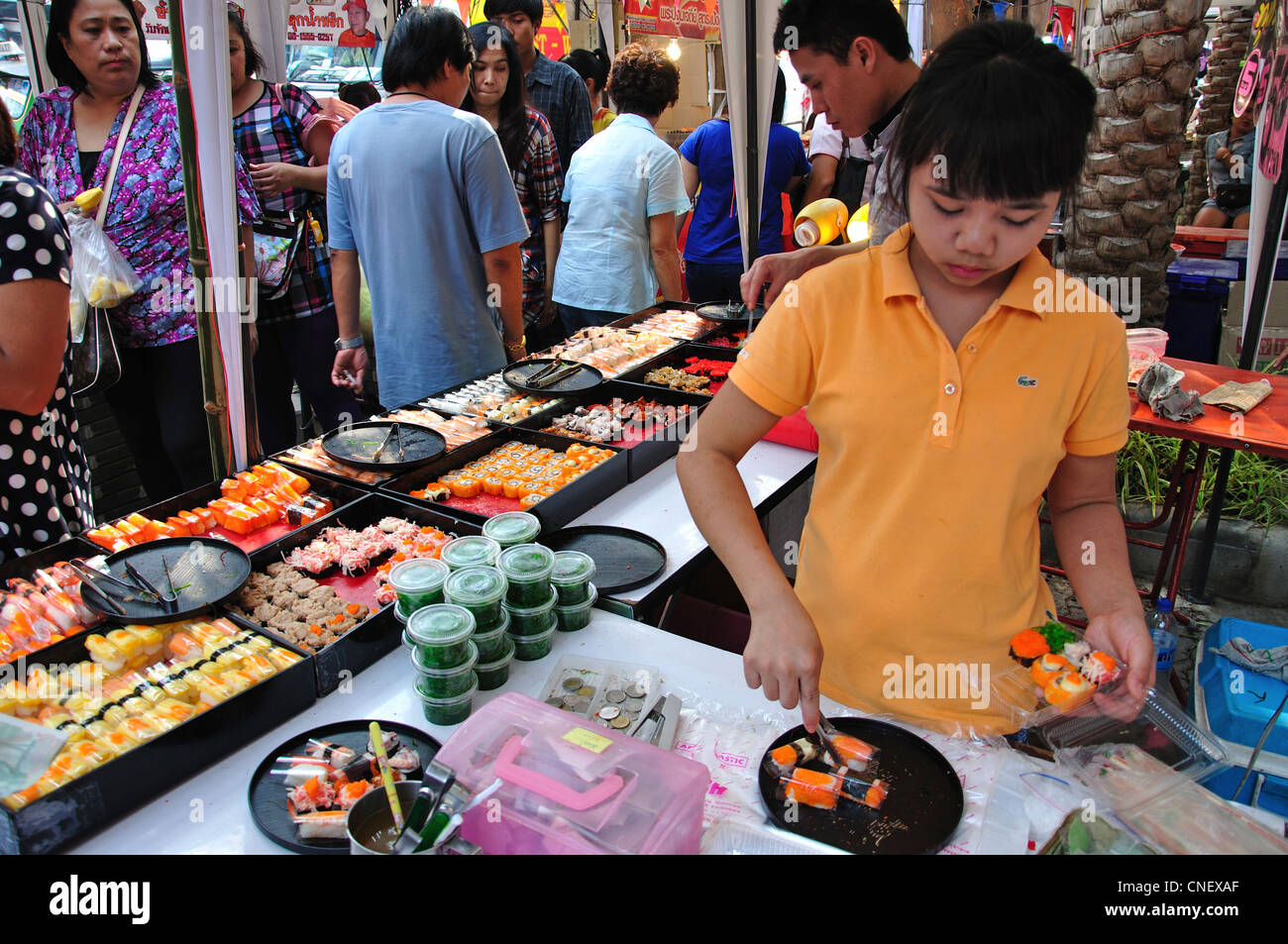 Sushi food stall on New Phetchaburi Road, Ratchathewi District, Bangkok ...