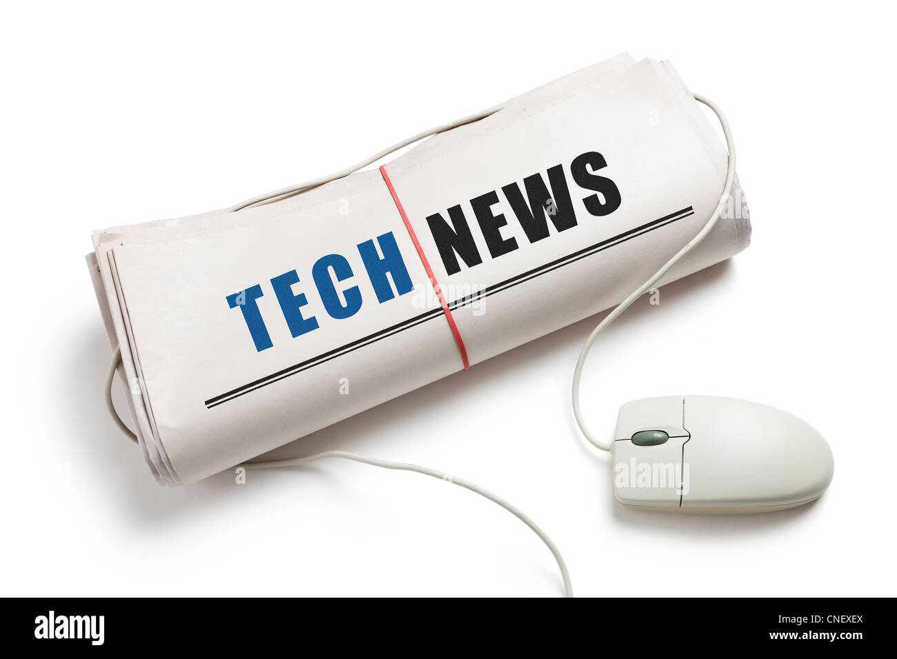 Tech News, Computer mouse and Newspaper Roll with white background ...