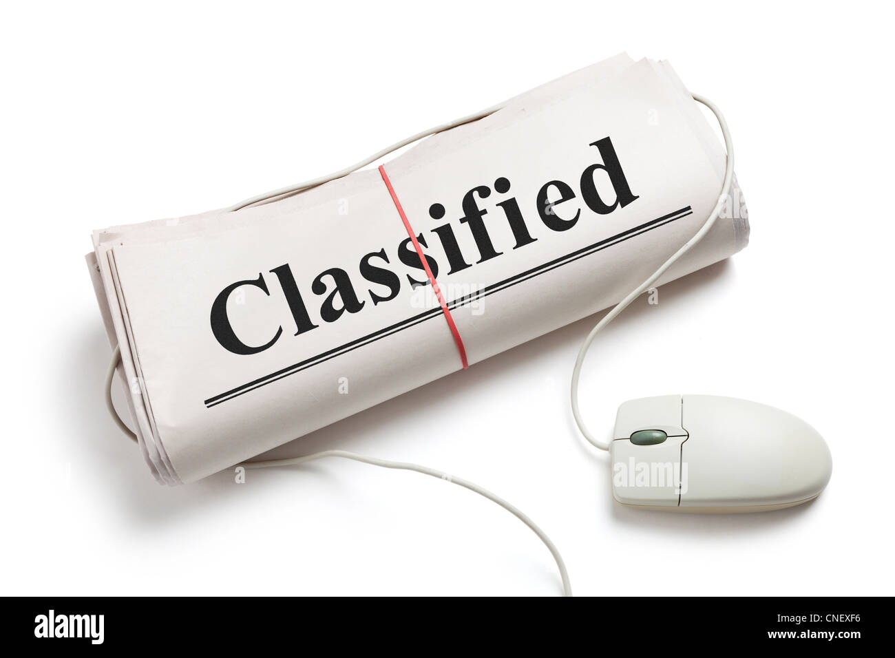 Classified, Computer mouse and Newspaper Roll with white background ...