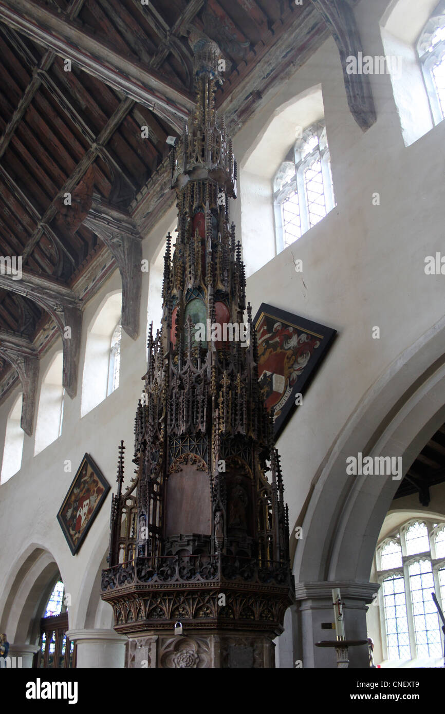 The 15th century font cover in the church of Ufford, Suffolk. Richly ...