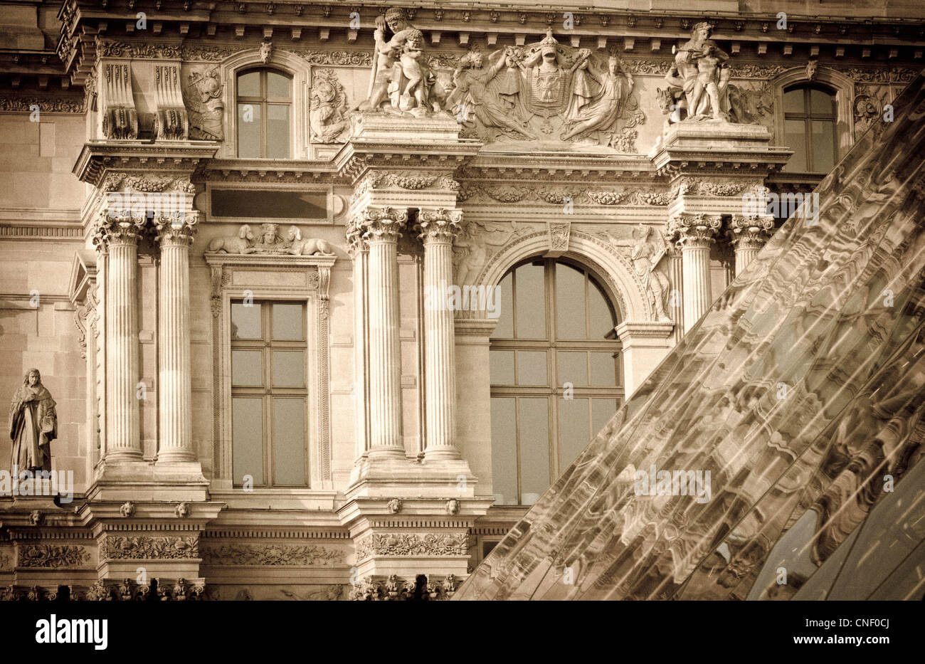 Louvre Palace and Pyramid detail, Louvre Museum, Paris, France Stock ...