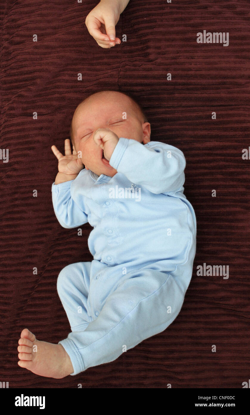 A newborn baby boy lying on a blanket, being pointed at by his sister ...