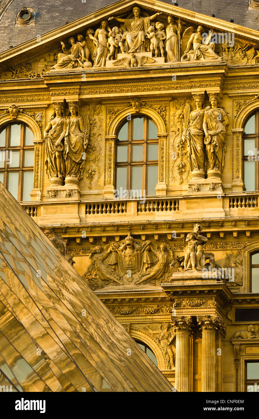Louvre Palace and Pyramid detail, Louvre Museum, Paris, France Stock ...
