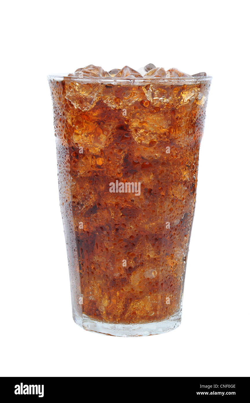 A cold frosty glass of soda filled with ice isolated on a white ...