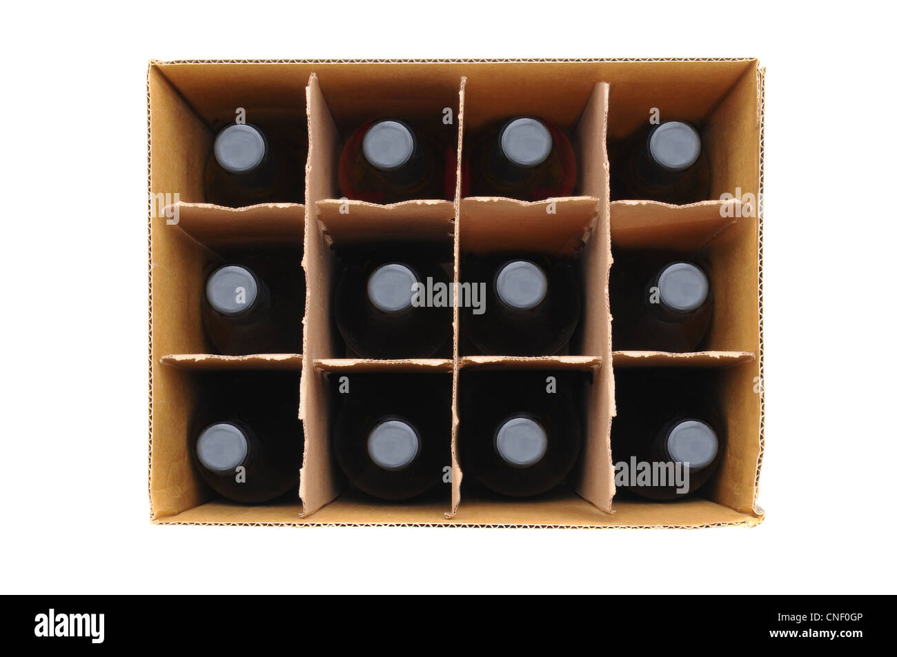 Overhead view of a twelve bottle case of red wine over a white ...