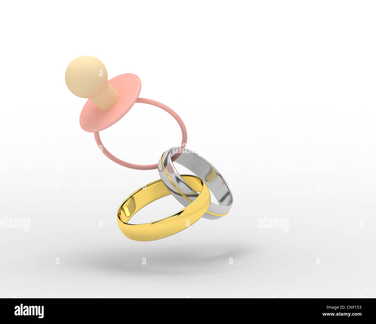 pink pacifier and golden wedding rings connected between each other ...