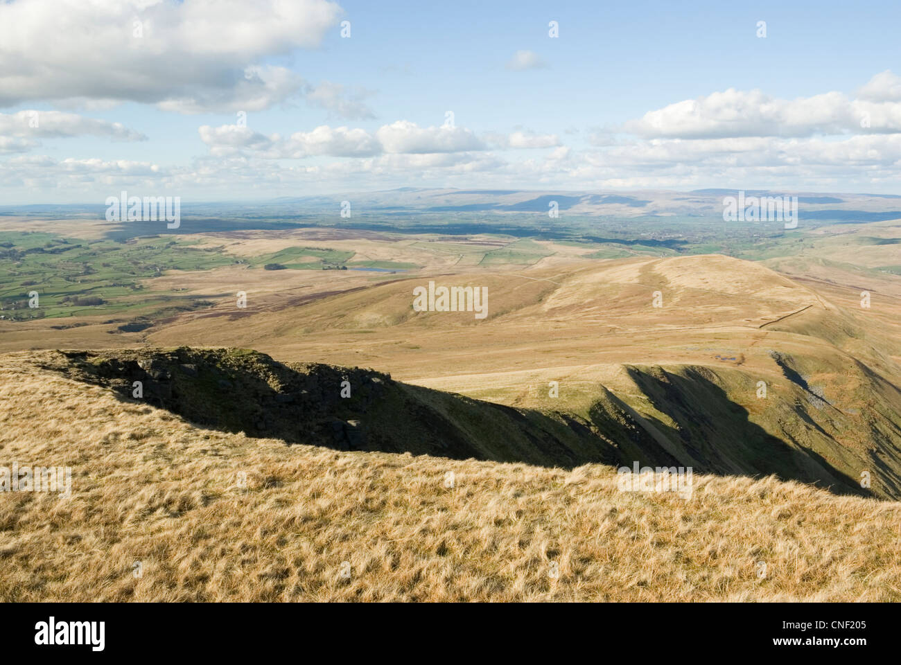 View from the Wild Boar Fell ridge in the Upper Eden Valley in Cumbria ...