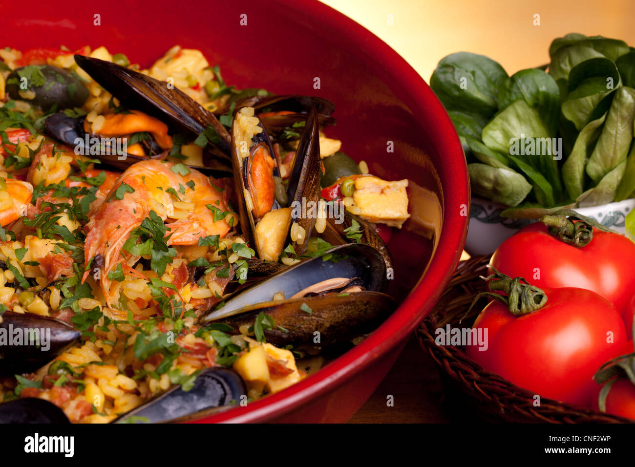 Ceramic Pan With Spanish Paella Stock Photo - Alamy