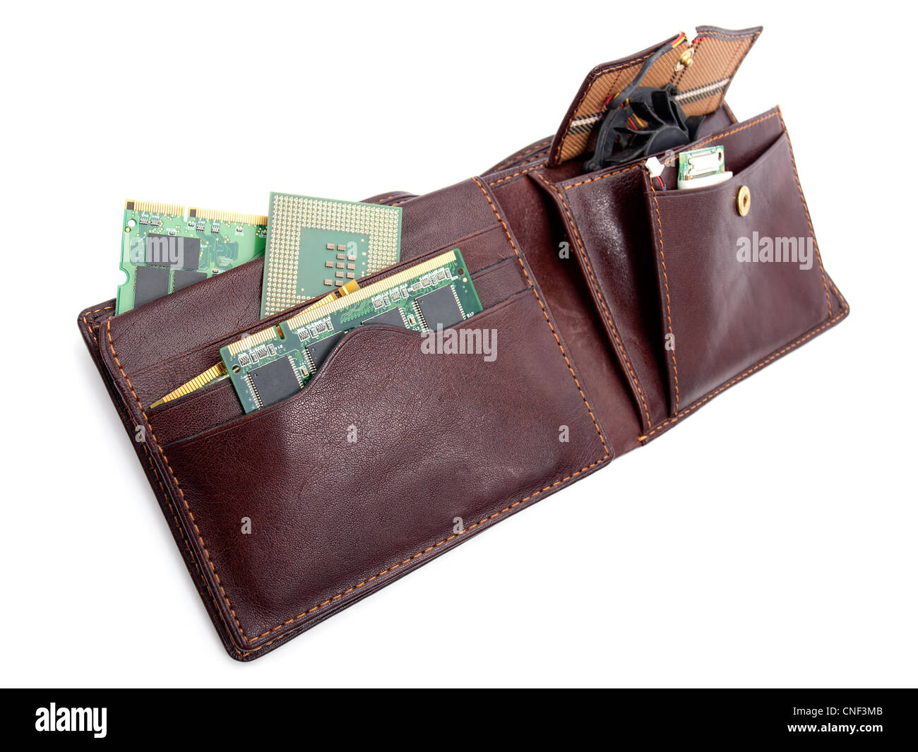 Wallet full of various computer components on a white background Stock ...