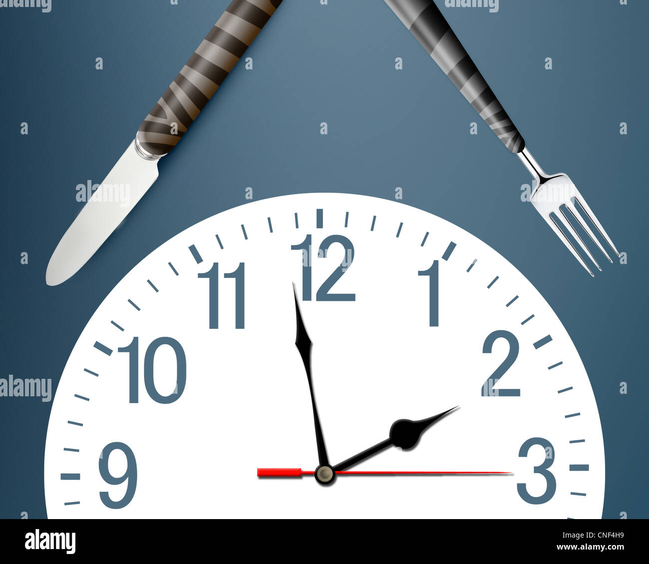 Lunch time concept, clock in plate, knife and fork Stock Photo - Alamy
