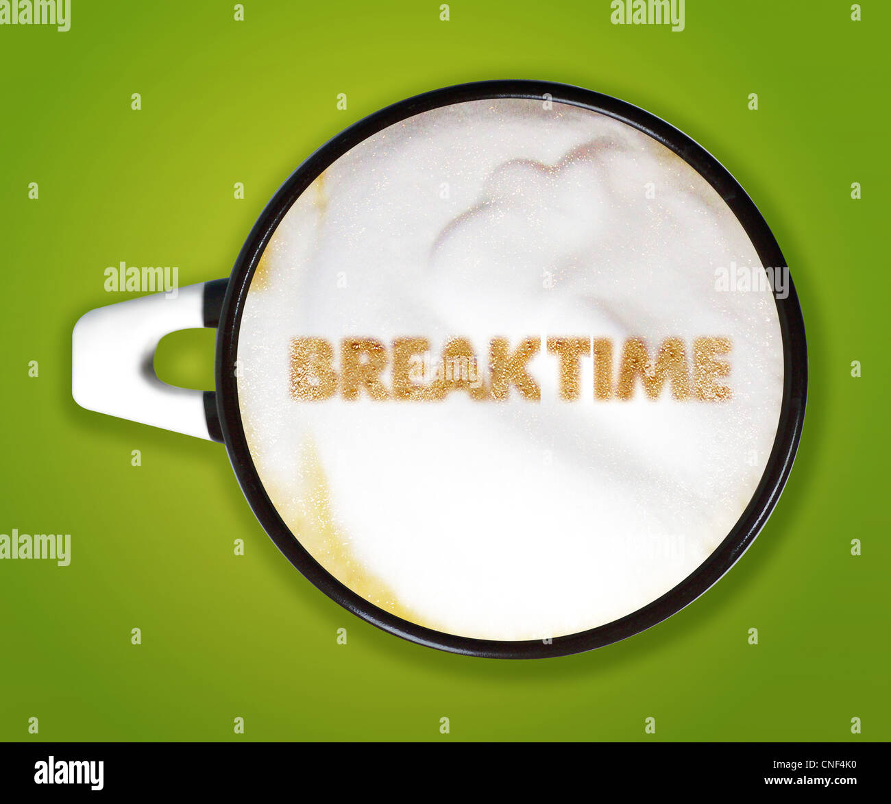 coffee art, A cup of cappuccino with Break time on Green background ...