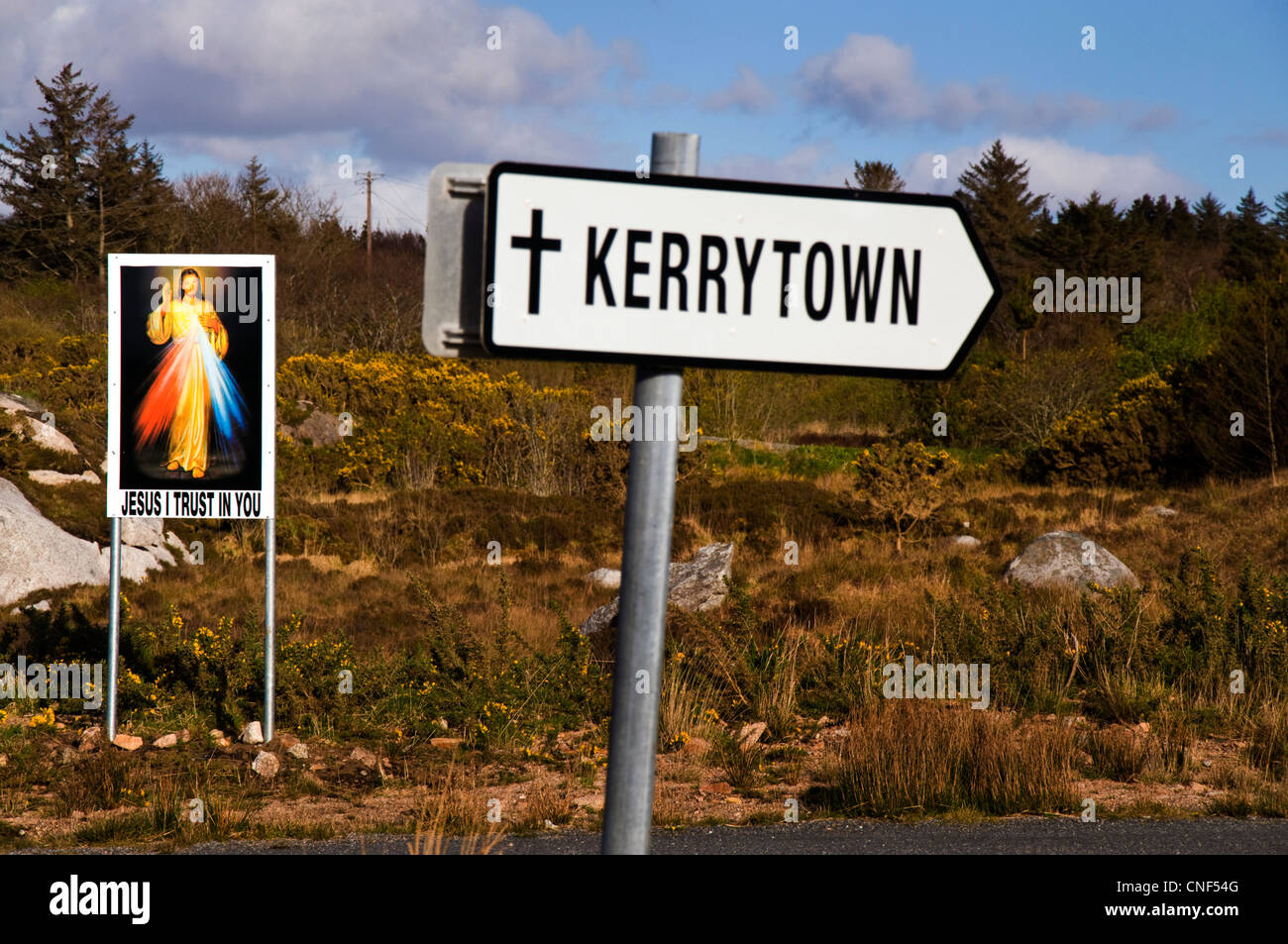 Religious poster and signpost for shrine at Kerrytown rural Ireland ...