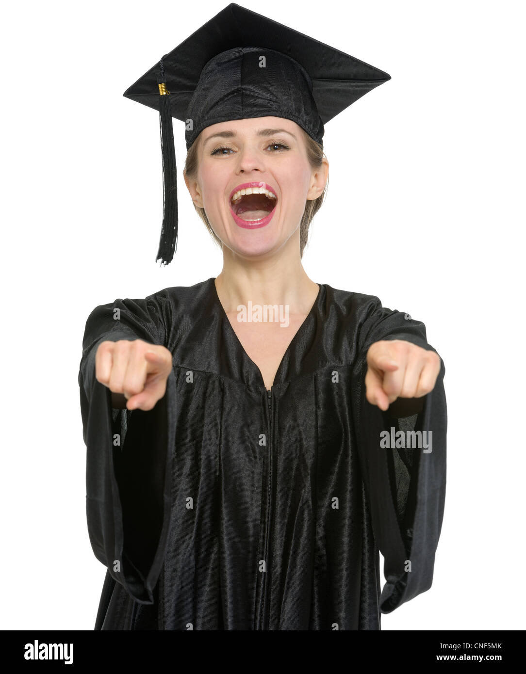 Graduation student woman pointing on you. HQ photo. Not oversharpened ...