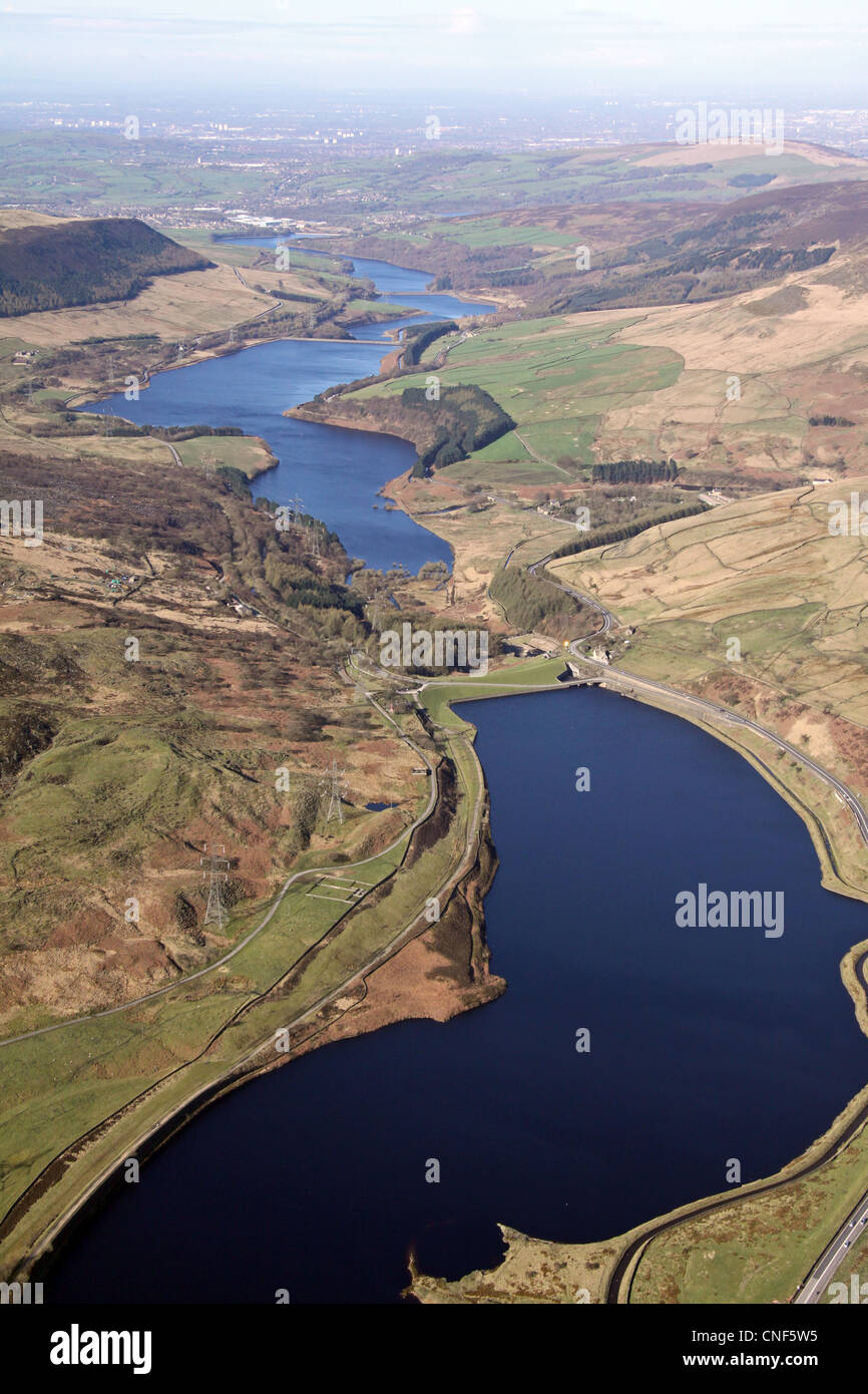 aerial view of Torside, Rhodeswood & Valehouse Reservoirs in ...