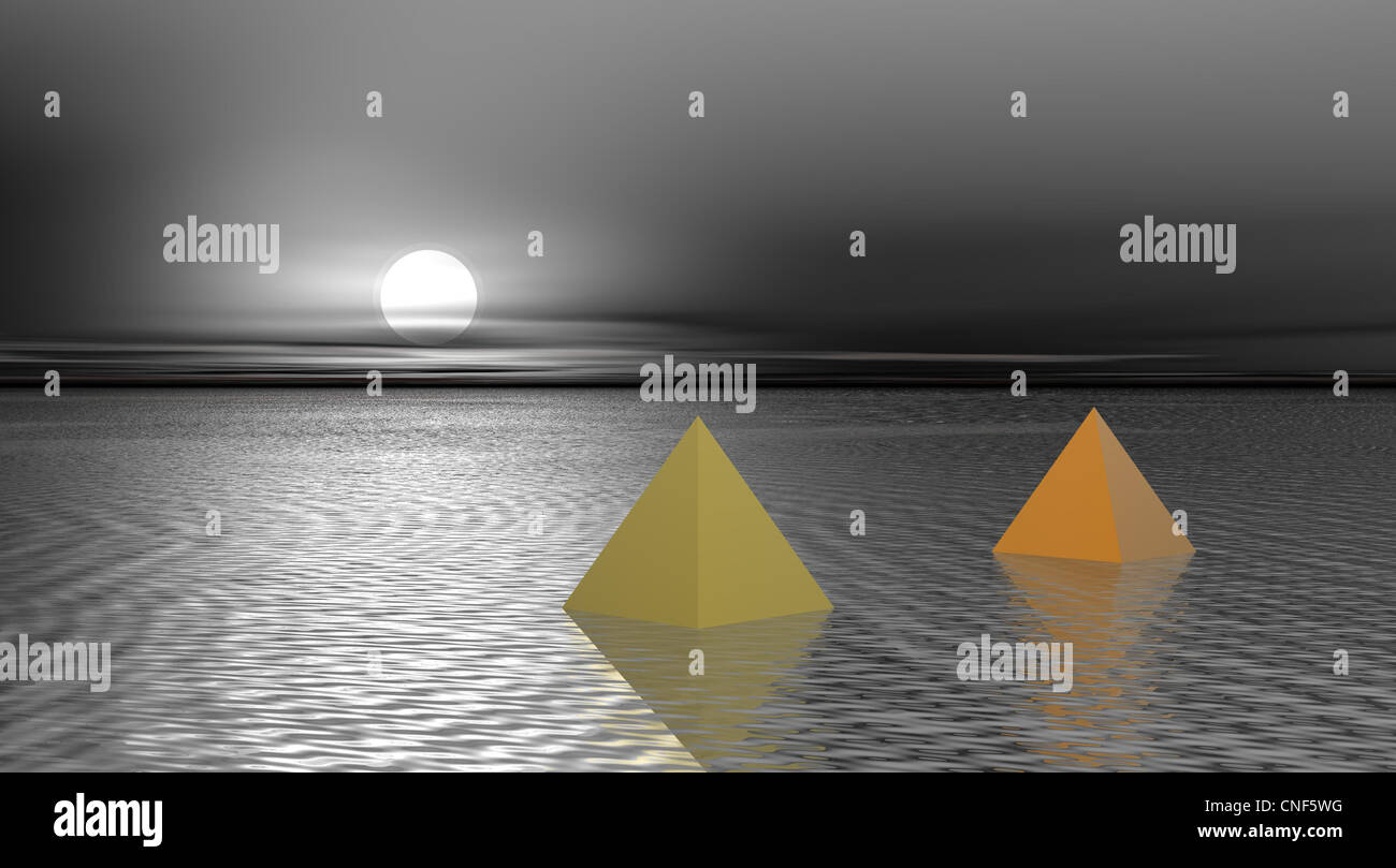 Two pyramids of different colors with a black and white landscape Stock ...