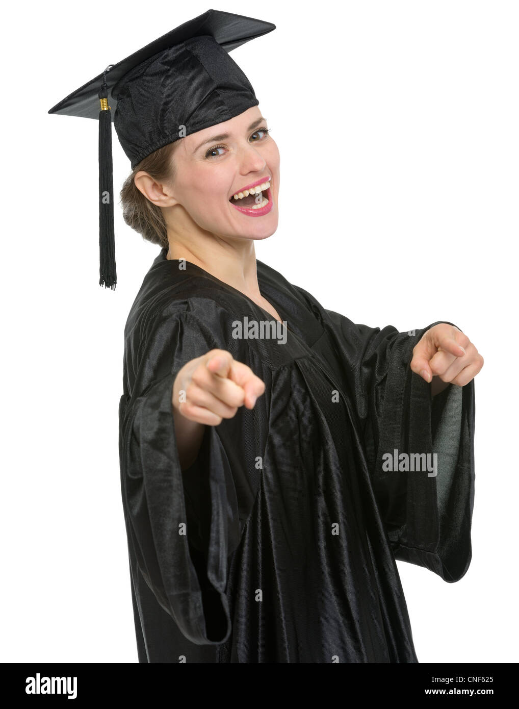 Smiling graduation student woman pointing on you. HQ photo. Not ...