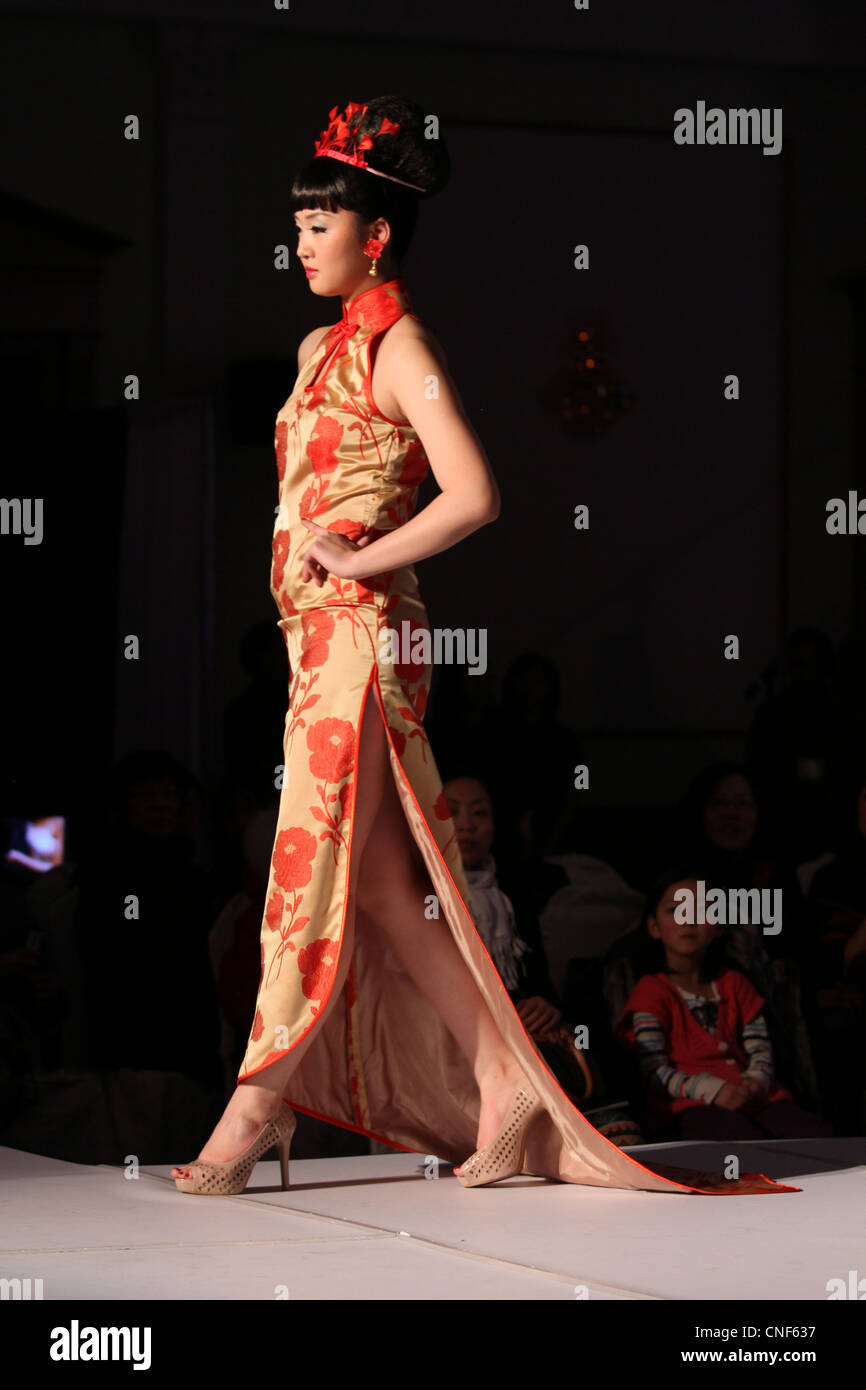 Chinese female model wearing qi pao qipao traditional Chinese bridal ...