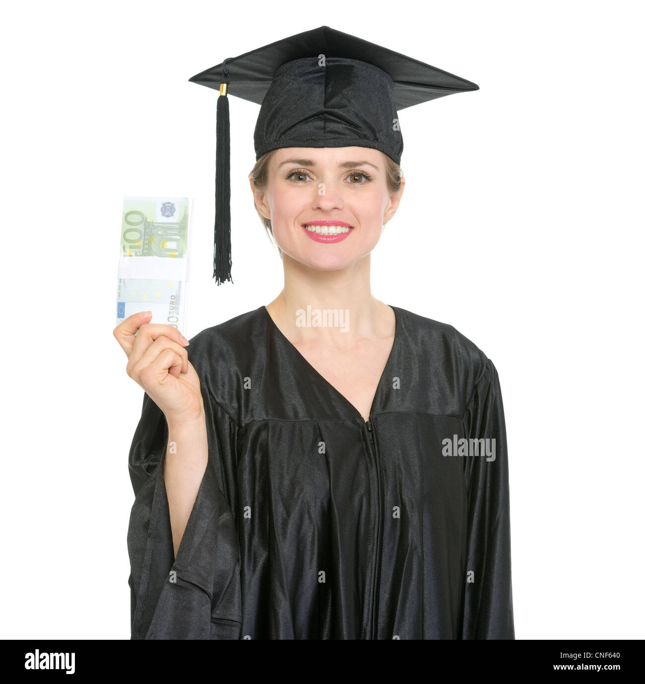 Smiling female graduation student showing pack of euros. HQ photo. Not ...