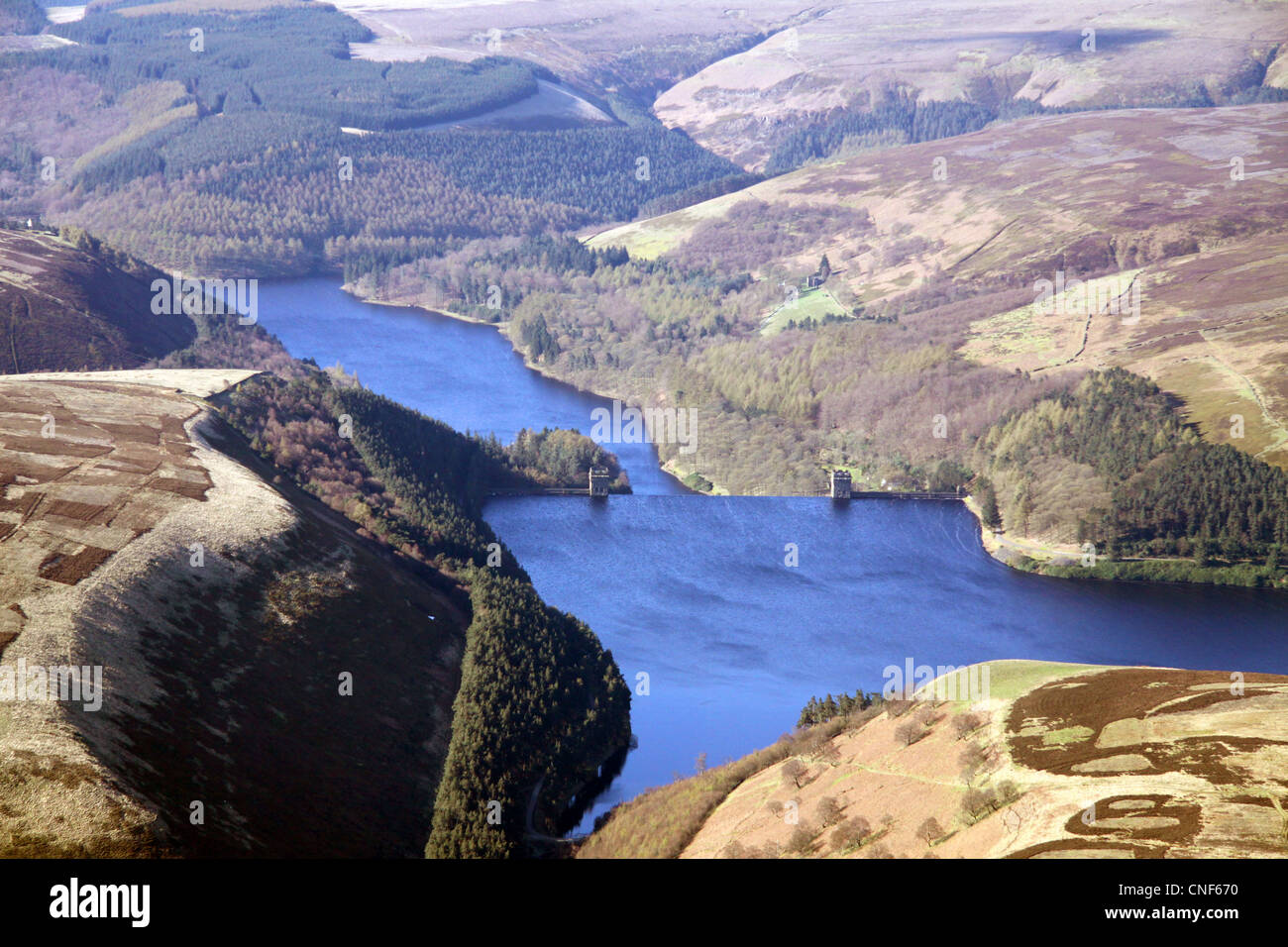 Aerial view of Derwent and Ladybower reservoirs in Upper Derwent Valley ...