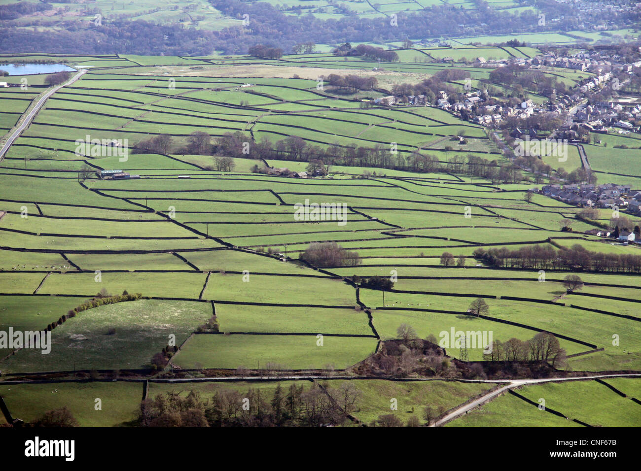 aerial view of English rural scenery with fields bounded by dry stone ...
