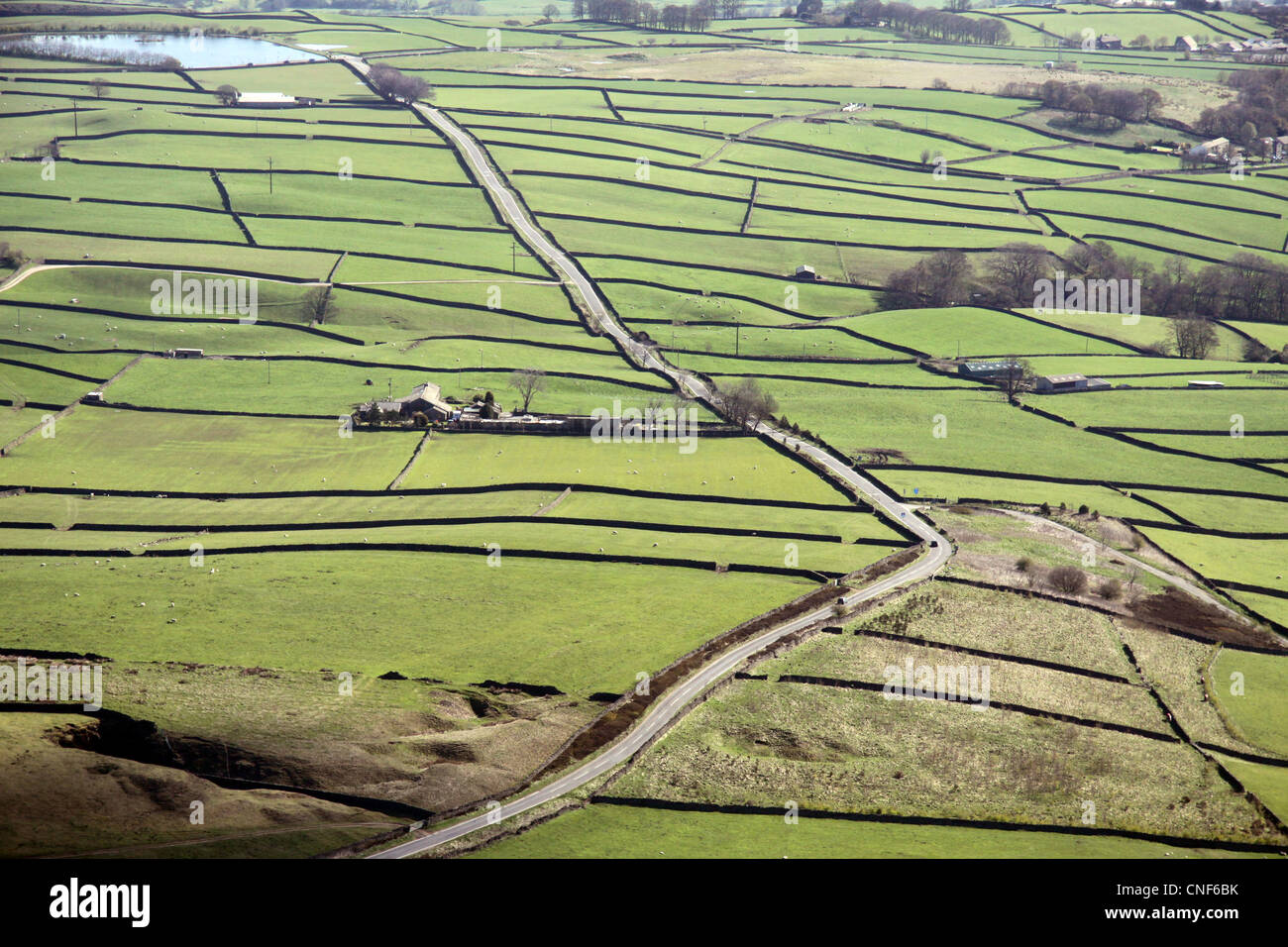 aerial view of English rural scenery with fields bounded by dry stone ...