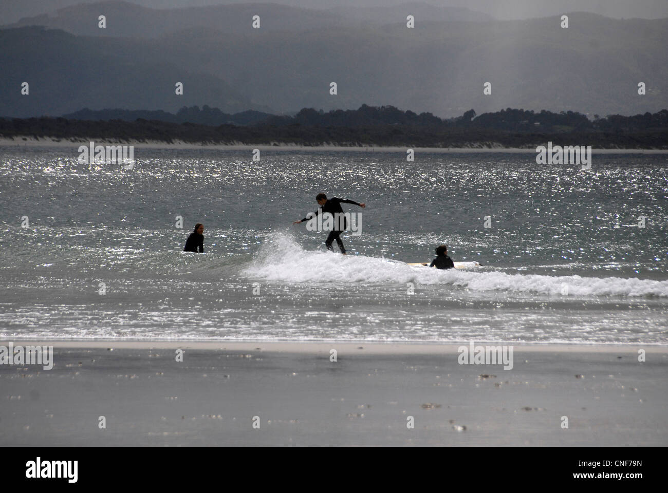 Surfers on Byron Bay beach with storm clouds in distance . NSW ...