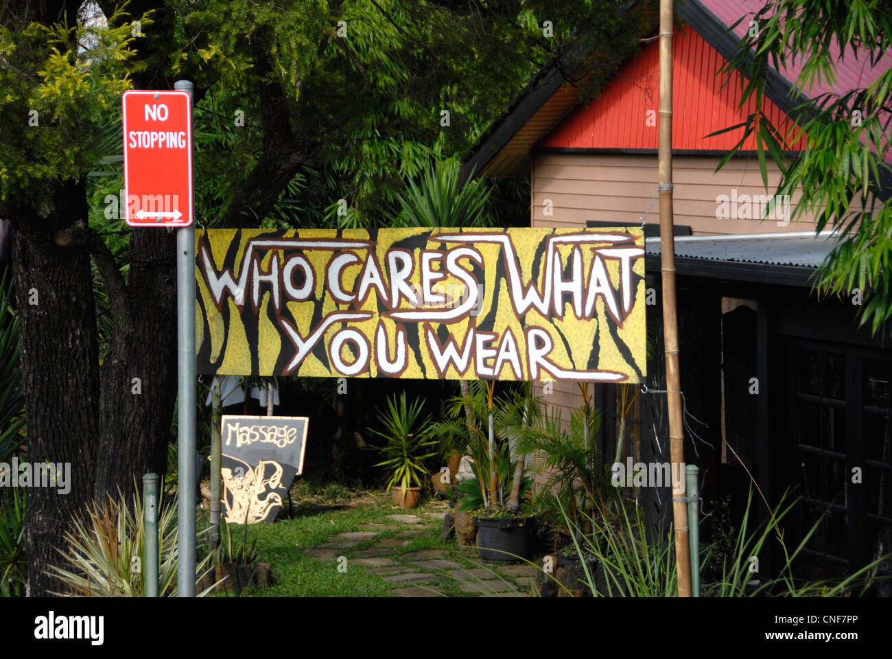 Fashion statement on a sign in Nimbin, NSW, Australia Stock Photo - Alamy