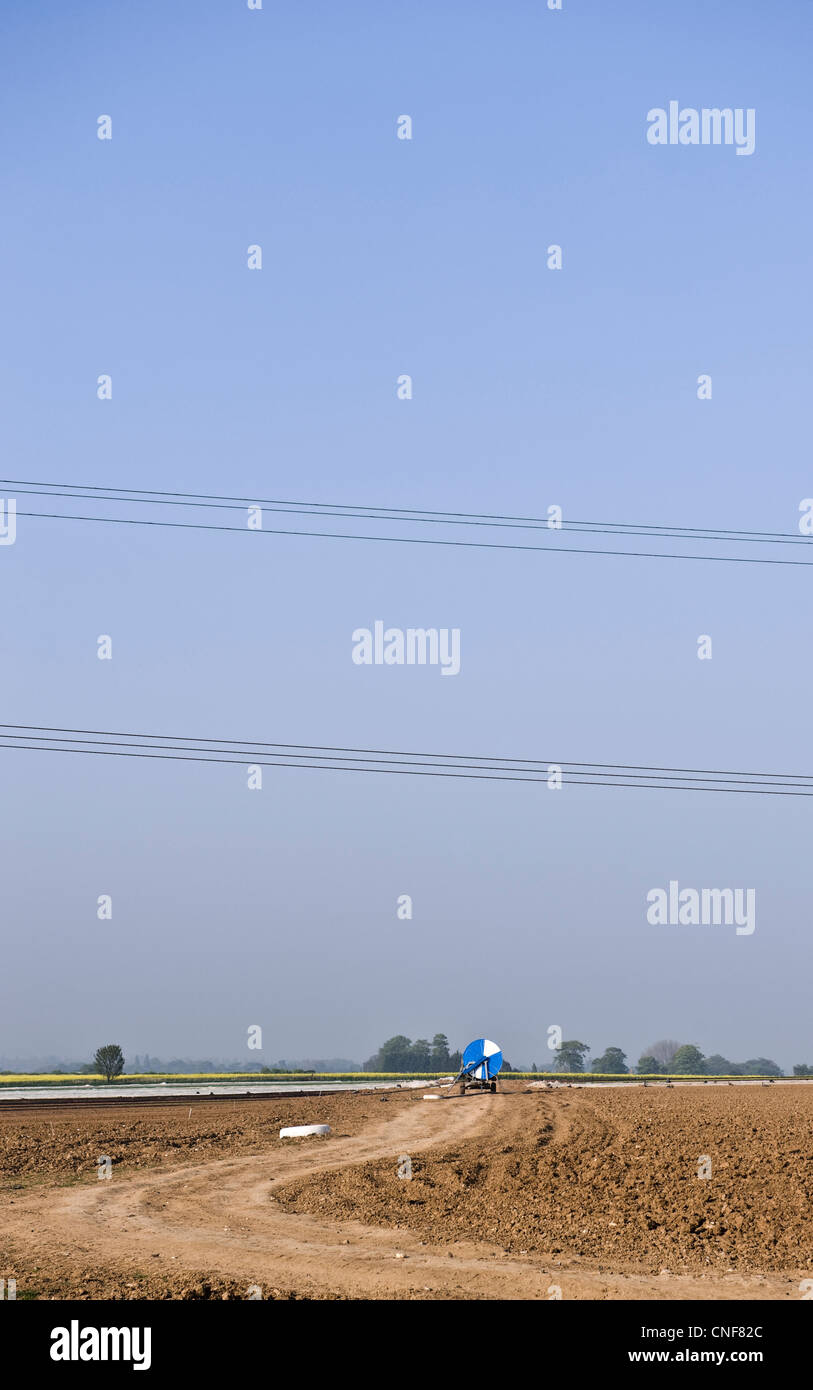Open farmers field ploughed with clear blue sky empty field, crop ...
