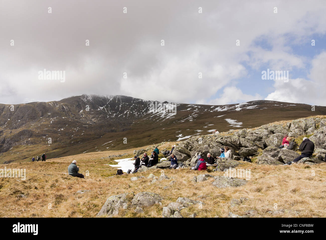 Conwy, North Wales, UK Ramblers group resting in Carneddau mountains ...