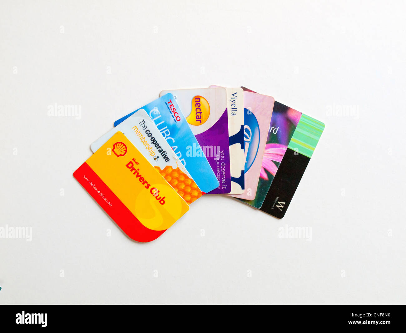 A collection of loyalty cards for retail outlets on a white background ...