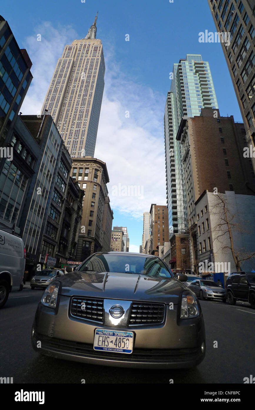 Manhattan New York USA worm view from street up Empire State building ...