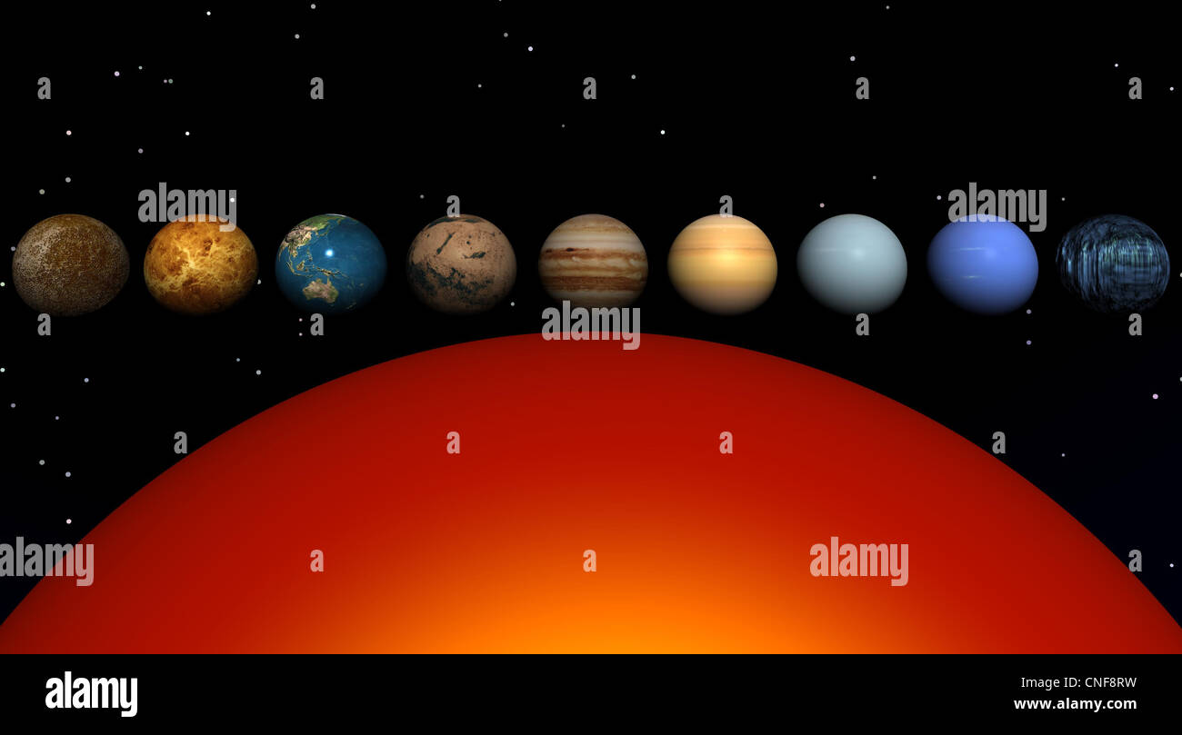 The sun and nine other planets on a black fon Stock Photo - Alamy