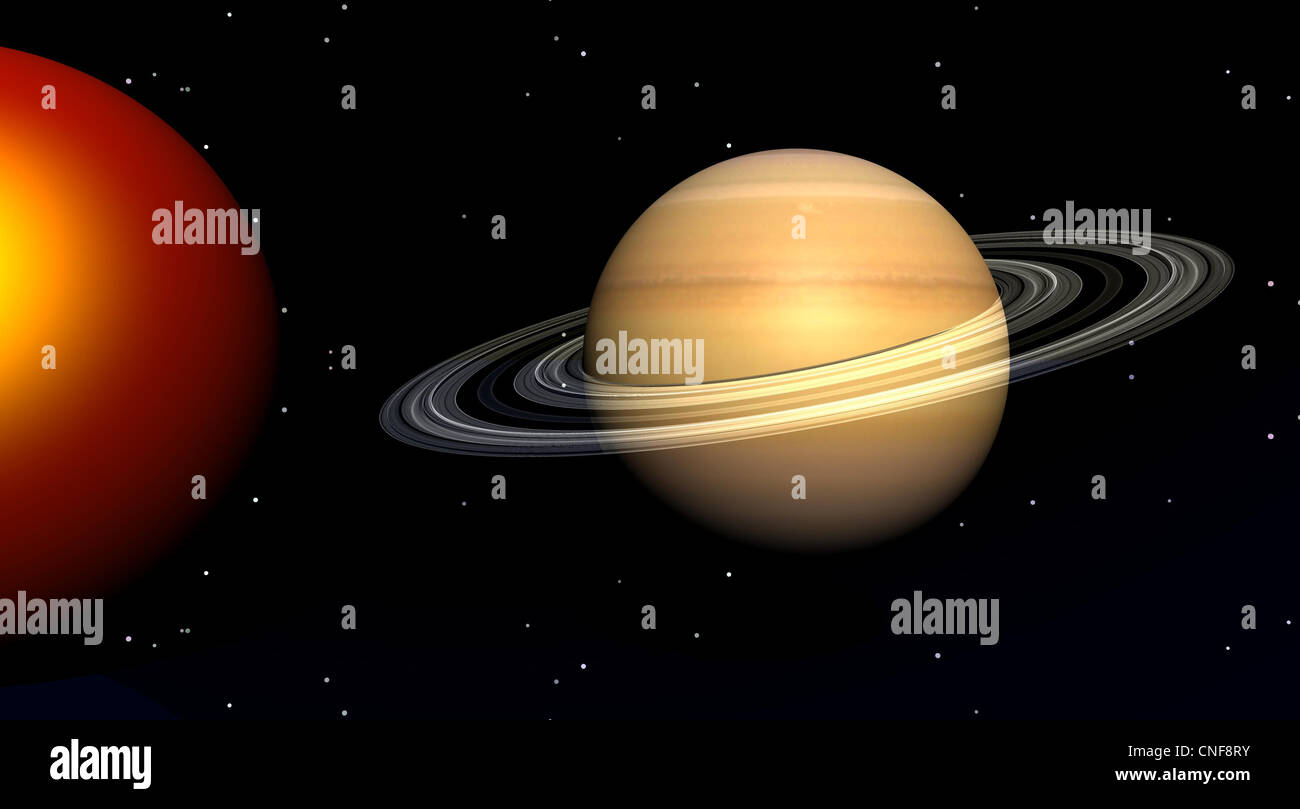The sun and saturn in a sky filled with stars Stock Photo - Alamy