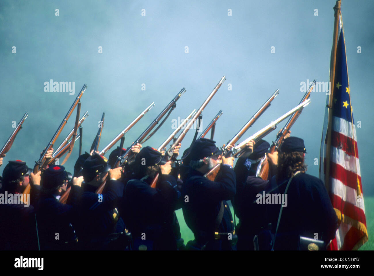 Union line preparing to volley fire, Civil War battle reenactment Stock ...