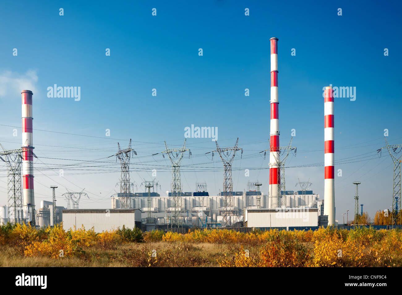 power plant pylons and power lines Stock Photo - Alamy