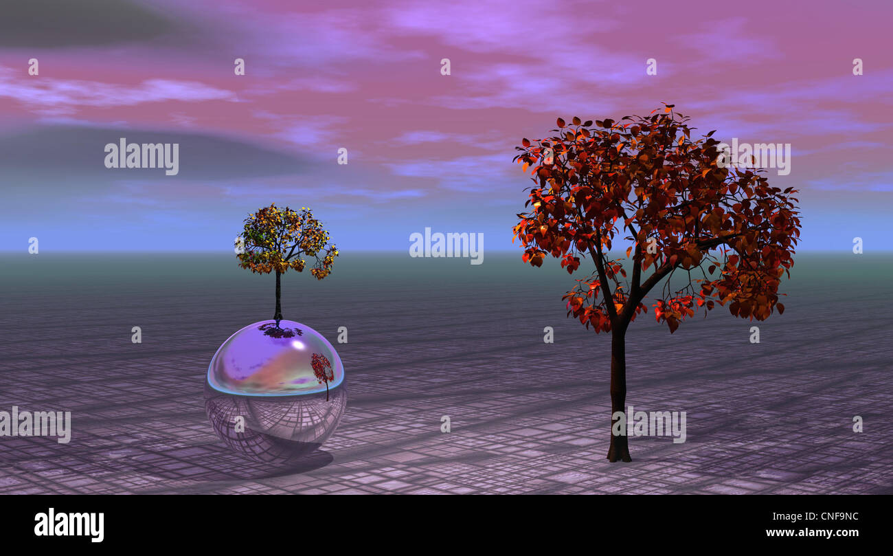 two trees and one ball blue and purpule Stock Photo - Alamy
