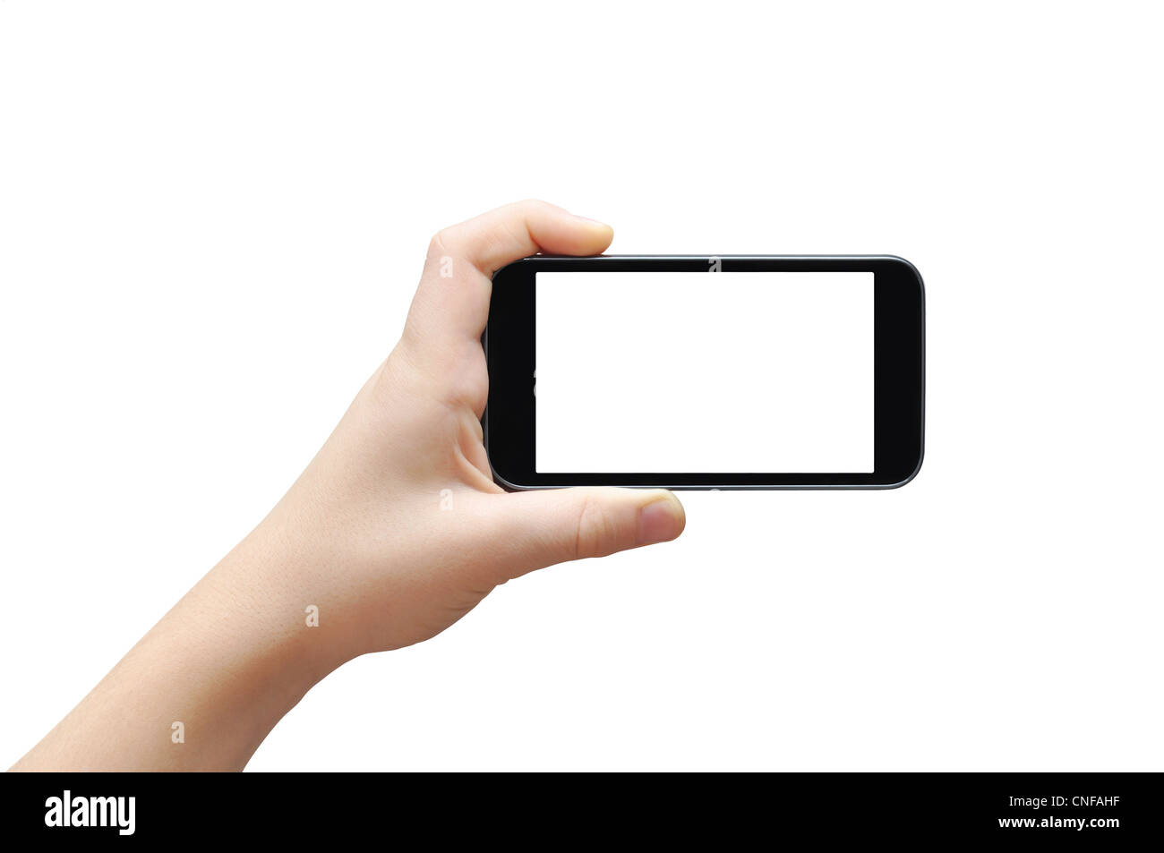 Hand holding big touchscreen smart phone, clipping path Stock Photo - Alamy